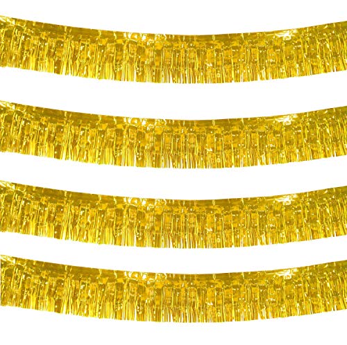 Blukey 10 Feet Long Roll Gold Foil Fringe Garland - Pack of 4 | Shiny Metallic Tassle Banner | Ideal for Parade Floats, Bridal Shower, Wedding, Birthday | Wall Hanging Fringe Garland Banner