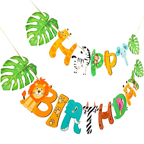 Safari Animal Happy Birthday Banner, Jungle Theme Party Decoration for Safari Zoo Forest Animal Party, Kids Wild One Birthday Baby Shower Supplies