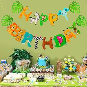 Safari Animal Happy Birthday Banner, Jungle Theme Party Decoration for Safari Zoo Forest Animal Party, Kids Wild One Birthday Baby Shower Supplies