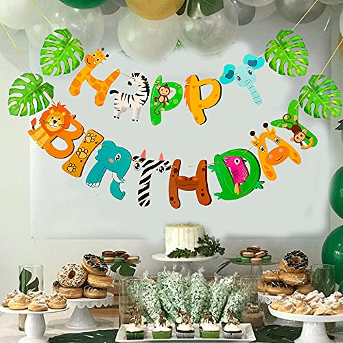 Safari Animal Happy Birthday Banner, Jungle Theme Party Decoration for Safari Zoo Forest Animal Party, Kids Wild One Birthday Baby Shower Supplies