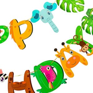 Safari Animal Happy Birthday Banner, Jungle Theme Party Decoration for Safari Zoo Forest Animal Party, Kids Wild One Birthday Baby Shower Supplies