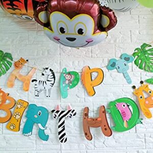 Safari Animal Happy Birthday Banner, Jungle Theme Party Decoration for Safari Zoo Forest Animal Party, Kids Wild One Birthday Baby Shower Supplies