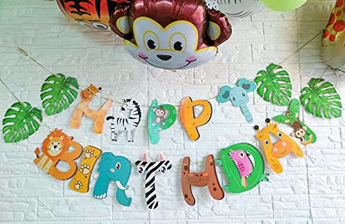 Safari Animal Happy Birthday Banner, Jungle Theme Party Decoration for Safari Zoo Forest Animal Party, Kids Wild One Birthday Baby Shower Supplies