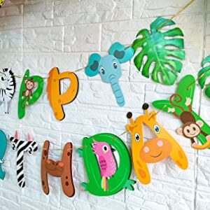 Safari Animal Happy Birthday Banner, Jungle Theme Party Decoration for Safari Zoo Forest Animal Party, Kids Wild One Birthday Baby Shower Supplies