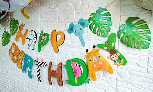 Safari Animal Happy Birthday Banner, Jungle Theme Party Decoration for Safari Zoo Forest Animal Party, Kids Wild One Birthday Baby Shower Supplies