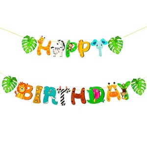 Safari Animal Happy Birthday Banner, Jungle Theme Party Decoration for Safari Zoo Forest Animal Party, Kids Wild One Birthday Baby Shower Supplies