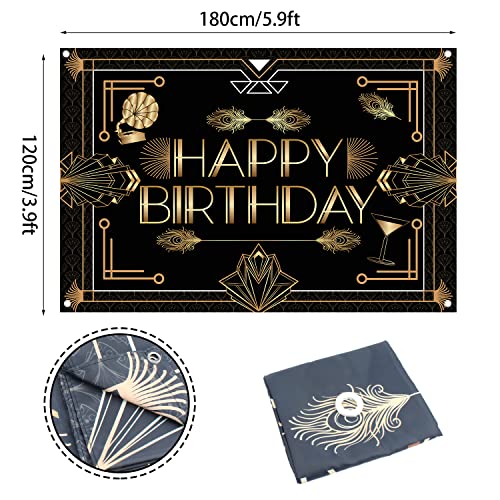 Roaring 20s Party Decorations Birthday Backdrop Banner for Women Men 1920s Great Gatsby Themed Background Bday Black and Gold Favors Props Photography Sign Decor Supplies