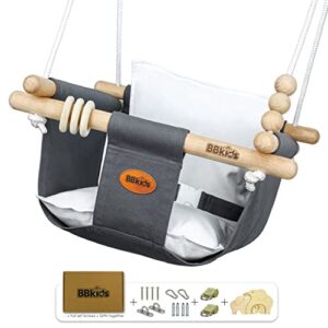 bbkids indoor baby swing, canvas baby swing, wooden hammock hanging swing seat chair with safety belt, outdoor kids toddler baby tree swing, full set of ceiling screws. (grey)