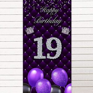 Happy 19th Birthday Purple Banner Backdrop Photo Booth Props Balloons Silver Crown Theme Decor for Woman Nineteen Year Anniversary 19 years Old Birthday Party Favors Supplies Decorations