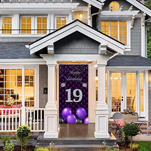 Happy 19th Birthday Purple Banner Backdrop Photo Booth Props Balloons Silver Crown Theme Decor for Woman Nineteen Year Anniversary 19 years Old Birthday Party Favors Supplies Decorations