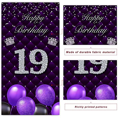 Happy 19th Birthday Purple Banner Backdrop Photo Booth Props Balloons Silver Crown Theme Decor for Woman Nineteen Year Anniversary 19 years Old Birthday Party Favors Supplies Decorations