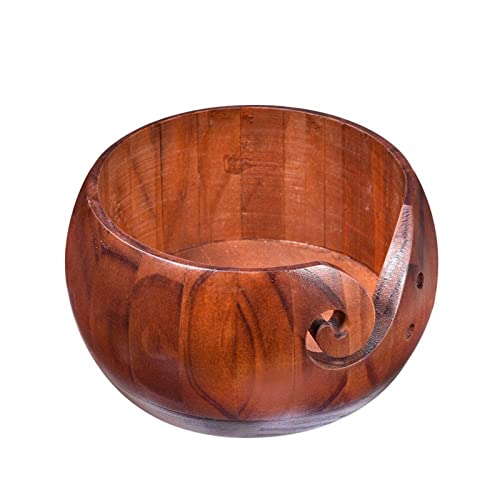 Wooden Yarn Bowl Wool Storage Handmade Craft, Knitting Bowl Basket with Carved Holes & Drills for DIY Knitting, Slipping Prevent Crocheting Accessories, Great Gift for Wife Mother (Brown)