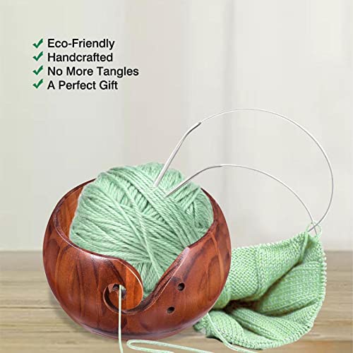 Wooden Yarn Bowl Wool Storage Handmade Craft, Knitting Bowl Basket with Carved Holes & Drills for DIY Knitting, Slipping Prevent Crocheting Accessories, Great Gift for Wife Mother (Brown)