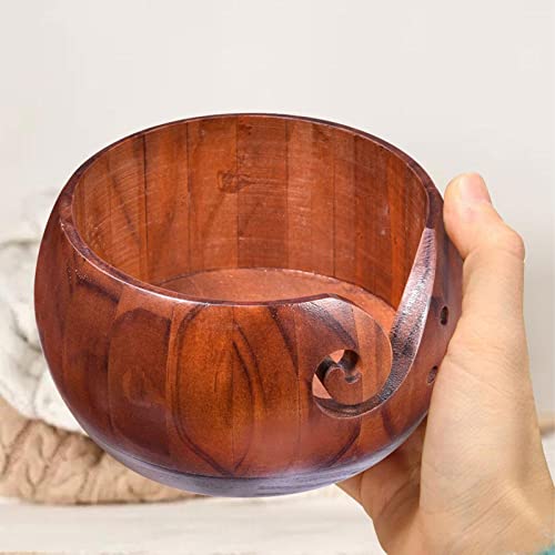 Wooden Yarn Bowl Wool Storage Handmade Craft, Knitting Bowl Basket with Carved Holes & Drills for DIY Knitting, Slipping Prevent Crocheting Accessories, Great Gift for Wife Mother (Brown)