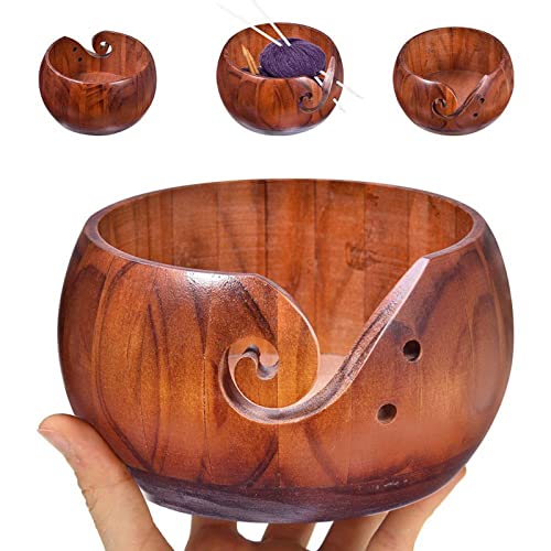 Wooden Yarn Bowl Wool Storage Handmade Craft, Knitting Bowl Basket with Carved Holes & Drills for DIY Knitting, Slipping Prevent Crocheting Accessories, Great Gift for Wife Mother (Brown)