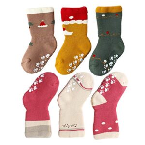 j poqobog baby toddler kids unisex warm thick cotton socks set 6-pack non slip/anti skid boys girls (christmas, 1-3years)