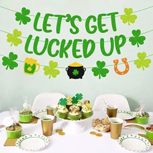 St Patrick Day Banner Let's Get Lucked up Banner St. Patrick Party Decoration Happy Birthday Decoration Green Three Leaf Clover Shamrock Garland for Irish Day Decor Lucky Themed Bday Engagement Baby Shower Bachelorette Party Anniversary Celebration Suppli