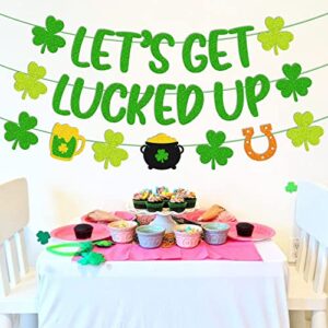 St Patrick Day Banner Let's Get Lucked up Banner St. Patrick Party Decoration Happy Birthday Decoration Green Three Leaf Clover Shamrock Garland for Irish Day Decor Lucky Themed Bday Engagement Baby Shower Bachelorette Party Anniversary Celebration Suppli