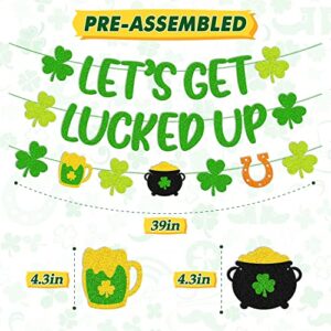 St Patrick Day Banner Let's Get Lucked up Banner St. Patrick Party Decoration Happy Birthday Decoration Green Three Leaf Clover Shamrock Garland for Irish Day Decor Lucky Themed Bday Engagement Baby Shower Bachelorette Party Anniversary Celebration Suppli