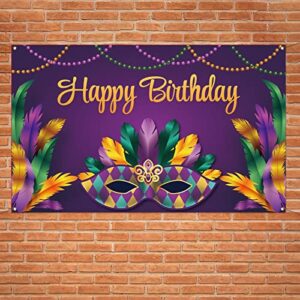 Pudodo Mardi Gras Birthday Backdrop Banner Mask Feather Masquerade Carnival Themed Party Photography Background Wall Decoration