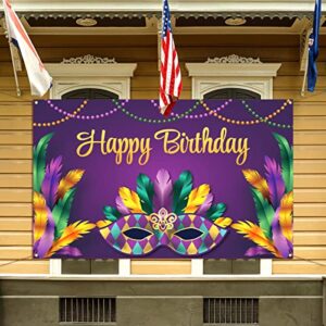 Pudodo Mardi Gras Birthday Backdrop Banner Mask Feather Masquerade Carnival Themed Party Photography Background Wall Decoration