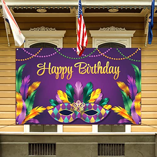 Pudodo Mardi Gras Birthday Backdrop Banner Mask Feather Masquerade Carnival Themed Party Photography Background Wall Decoration