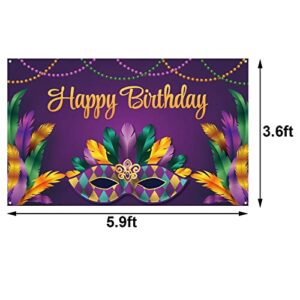 Pudodo Mardi Gras Birthday Backdrop Banner Mask Feather Masquerade Carnival Themed Party Photography Background Wall Decoration