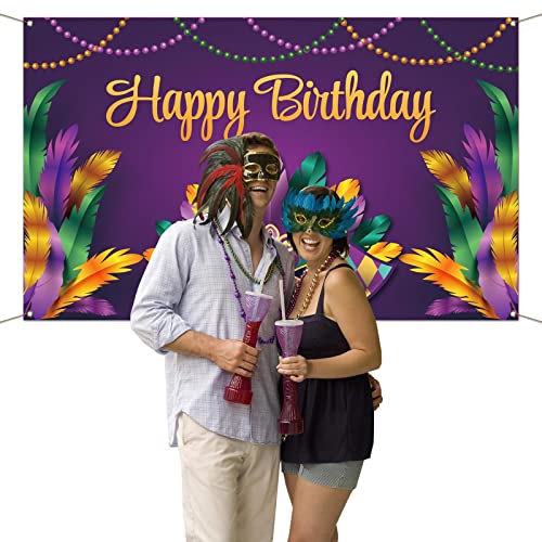 Pudodo Mardi Gras Birthday Backdrop Banner Mask Feather Masquerade Carnival Themed Party Photography Background Wall Decoration