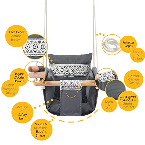 Secure Baby Swing Seat with Safety Belt - Baby Canvas and Wooden Swing Chair with Lace Décor Cushion - Hanging Indoor Swing for Infants & Baby Swing Outdoor - Tree Toddler Swing for Backyard Outside