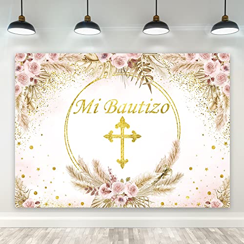 Riyidecor Mi Bautizo Baptism First Holy Communion Backdrop for Girl God Bless Christening 7Wx5H Polyester Fabric Boho Pink Pampas Grass Floral Newborn Party Background Baby Shower Decor Banner