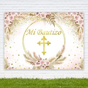 Riyidecor Mi Bautizo Baptism First Holy Communion Backdrop for Girl God Bless Christening 7Wx5H Polyester Fabric Boho Pink Pampas Grass Floral Newborn Party Background Baby Shower Decor Banner