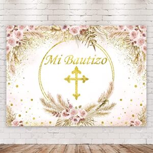 Riyidecor Mi Bautizo Baptism First Holy Communion Backdrop for Girl God Bless Christening 7Wx5H Polyester Fabric Boho Pink Pampas Grass Floral Newborn Party Background Baby Shower Decor Banner