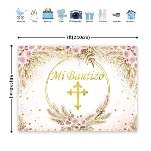 Riyidecor Mi Bautizo Baptism First Holy Communion Backdrop for Girl God Bless Christening 7Wx5H Polyester Fabric Boho Pink Pampas Grass Floral Newborn Party Background Baby Shower Decor Banner