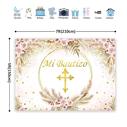 Riyidecor Mi Bautizo Baptism First Holy Communion Backdrop for Girl God Bless Christening 7Wx5H Polyester Fabric Boho Pink Pampas Grass Floral Newborn Party Background Baby Shower Decor Banner