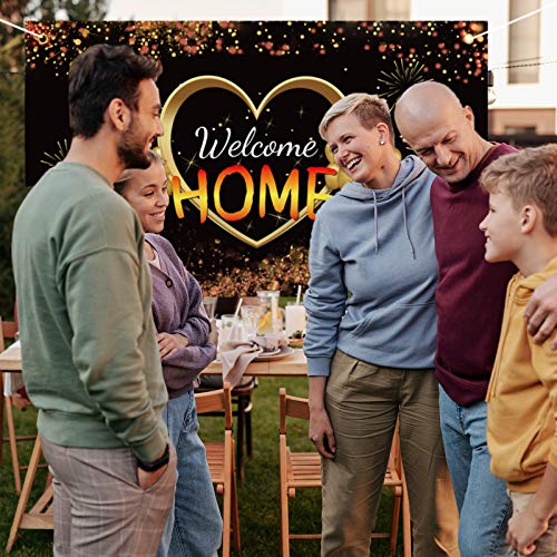 Lnlofen Welcome Home Banner Sign Decorations, Large Welcome Home Backdrop Supplies, Black Gold Homecoming Poster Photo Props for Home Decoration Family Party Decor(6X3.6ft)