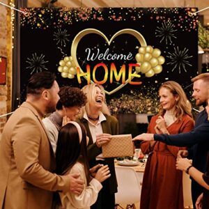 Lnlofen Welcome Home Banner Sign Decorations, Large Welcome Home Backdrop Supplies, Black Gold Homecoming Poster Photo Props for Home Decoration Family Party Decor(6X3.6ft)