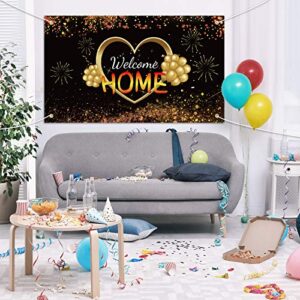 Lnlofen Welcome Home Banner Sign Decorations, Large Welcome Home Backdrop Supplies, Black Gold Homecoming Poster Photo Props for Home Decoration Family Party Decor(6X3.6ft)