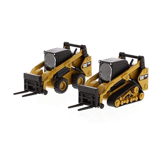 1:64 Scale Caterpillar 272D2 Skid Steer Loader & 297D2 Compact Track Loader - Play & Collect by Diecast Masters (Comes with 2 Models and 2 Bucket, 2 Broom, 2 Pallet Forks, and 2 Auger Attachments)