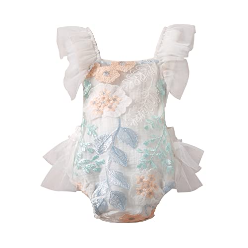 Newborn Infant Baby Girl Ruffle Sleeve Romper Flower Lace Sleeveless Backless Summer Clothes 0-24 Months (White , 0-3 Months )