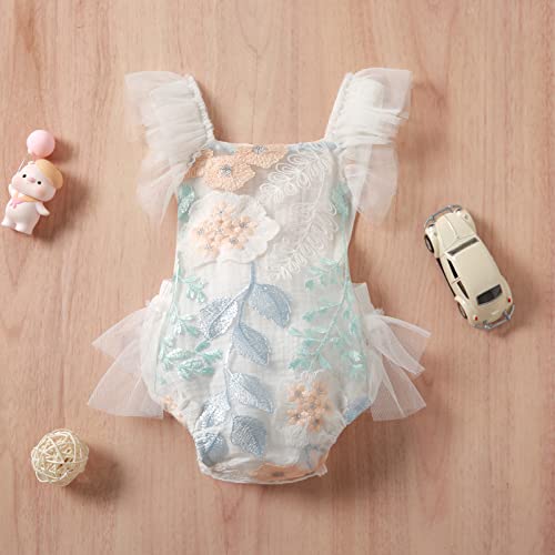 Newborn Infant Baby Girl Ruffle Sleeve Romper Flower Lace Sleeveless Backless Summer Clothes 0-24 Months (White , 0-3 Months )