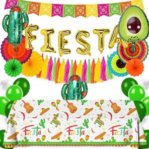 fiesta party decorations tablecloth, colorful paper fan, tassels, papel picado banner,green balloons, cactus balloons, avocado balloons and “fiesta” balloons for mexican party decorations