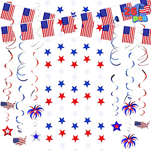 JOYIN 26 Pcs Patriotic Party Decorations of 2 American Flag Banners, 6 Star Streamers Garland and 18 Hanging Swirls for 4th of July Decor Party Supplies, Independence Day, Memorial Day Decoration