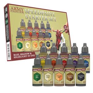 the army painter speedpaint starter set – 10x18ml speed model paint kit pre loaded with mixing balls and 1 brush- base, shadow and highlight in one miniature and model paint set for plastic models