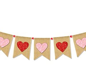 Whaline Valentine's Day Banner Glitter Heart Garland Burlap Banner with Wooden Beads Pre-Assembled Red Pink Heart Banner Fireplace Wall Hanging for Holiday Party Home Decoration