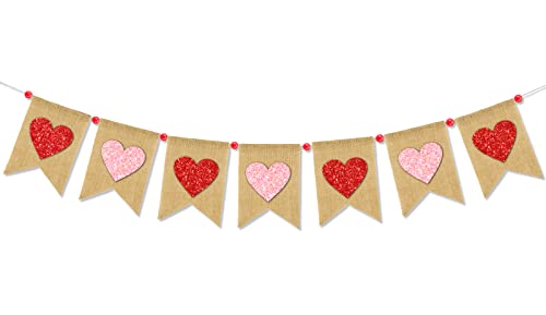 Whaline Valentine's Day Banner Glitter Heart Garland Burlap Banner with Wooden Beads Pre-Assembled Red Pink Heart Banner Fireplace Wall Hanging for Holiday Party Home Decoration