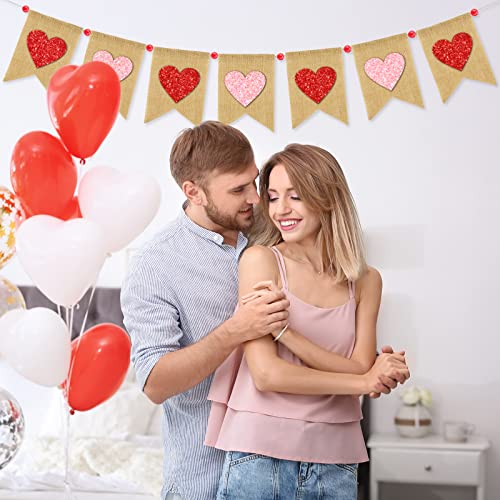 Whaline Valentine's Day Banner Glitter Heart Garland Burlap Banner with Wooden Beads Pre-Assembled Red Pink Heart Banner Fireplace Wall Hanging for Holiday Party Home Decoration