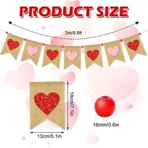 Whaline Valentine's Day Banner Glitter Heart Garland Burlap Banner with Wooden Beads Pre-Assembled Red Pink Heart Banner Fireplace Wall Hanging for Holiday Party Home Decoration