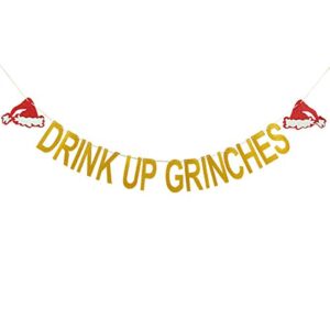 leesky drink up grinches banner gold glitter grinch christmas decorations, the grinch party decor, merry christmas banner, ugly christmas sweater party decor