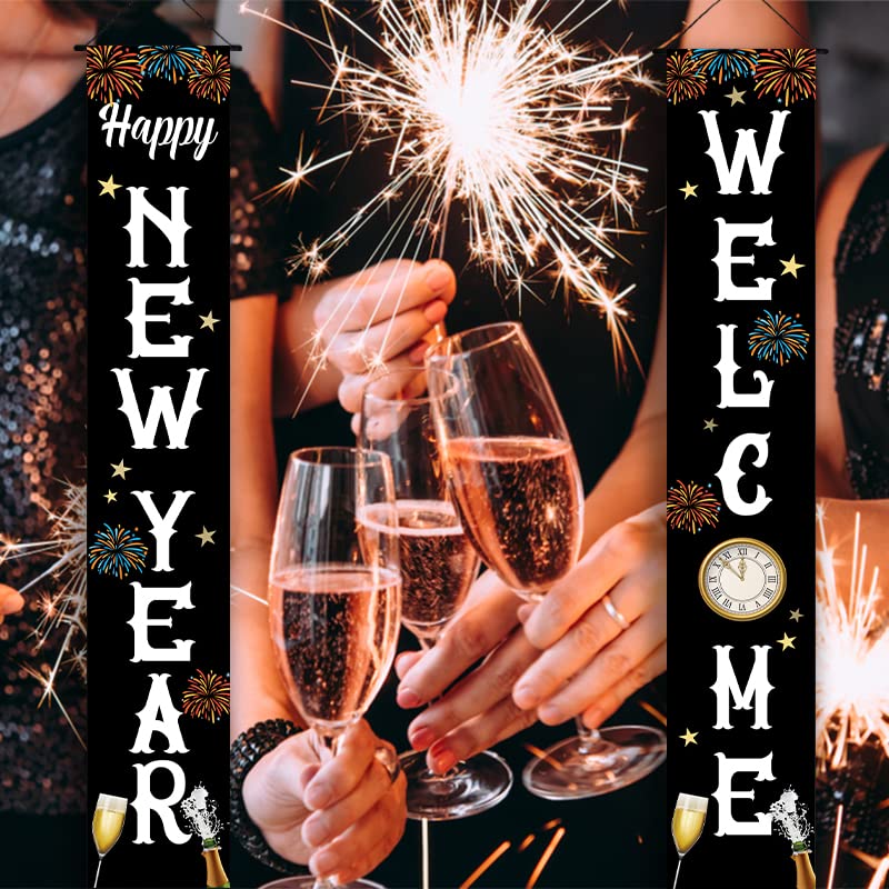 Happy New Year Decorations Front Door Porch Banners 2023, New Year Eve Hanging Banners for Party Supplies 12x72 Inch