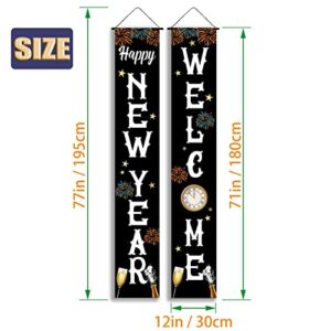 Happy New Year Decorations Front Door Porch Banners 2023, New Year Eve Hanging Banners for Party Supplies 12x72 Inch